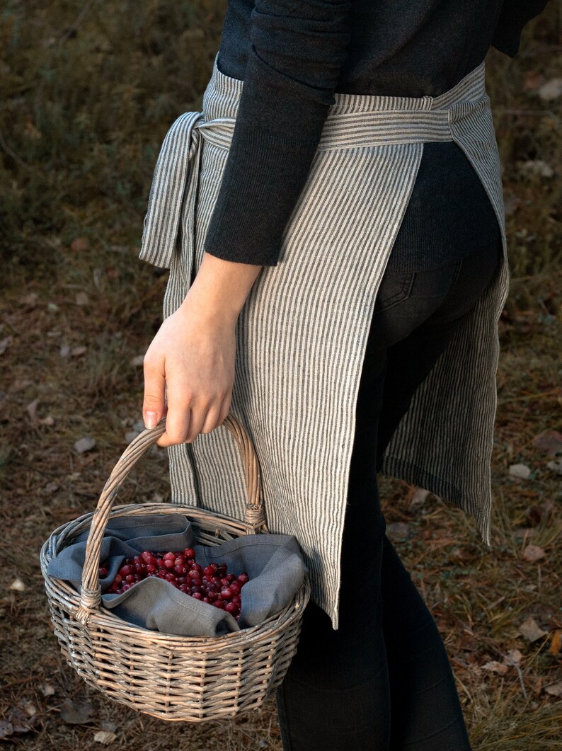 Grey Linen Half Apron With Pocket, Striped Linen Chef Apron - Etsy
