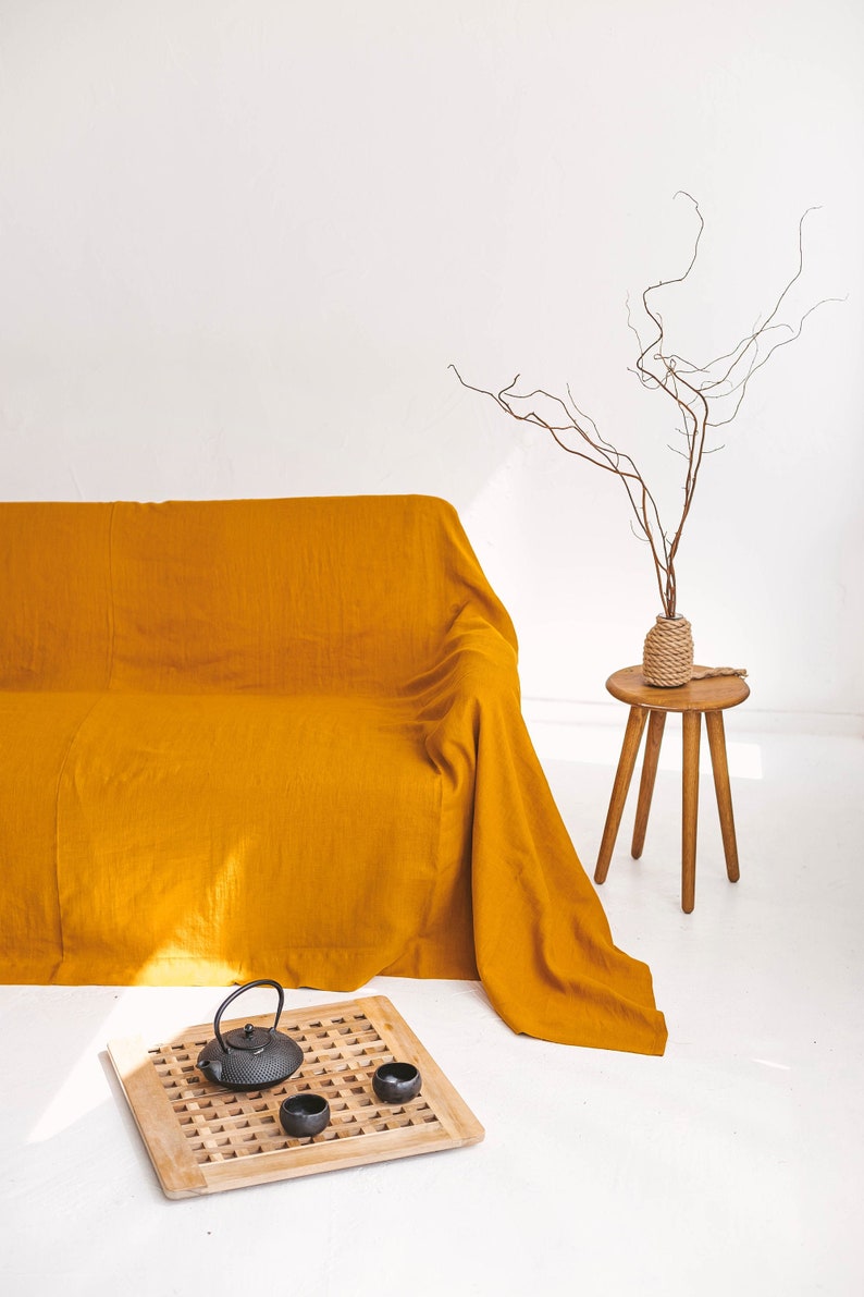 Mustard Linen Couch Cover, Linen Drop Cloth Couch Cover, Natural Sofa ...