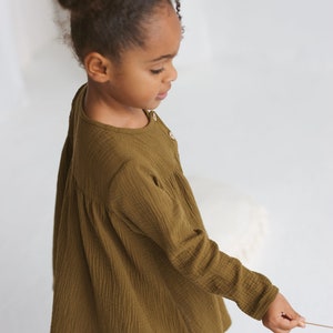Girls Muslin Dress With Buttons, Olive Green Gauze Dress With Bishop ...