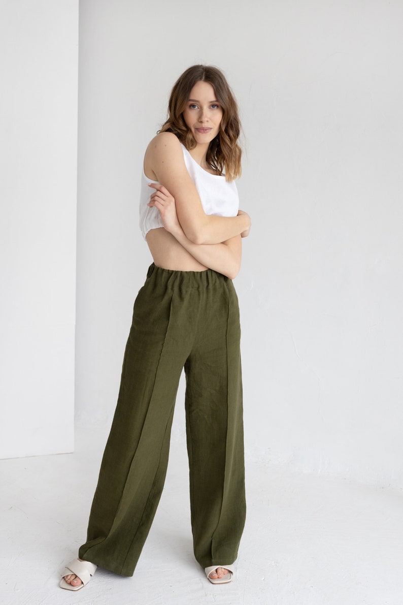 Forest Green Wide Leg Linen Woman Pants, High Waisted Creased Linen ...