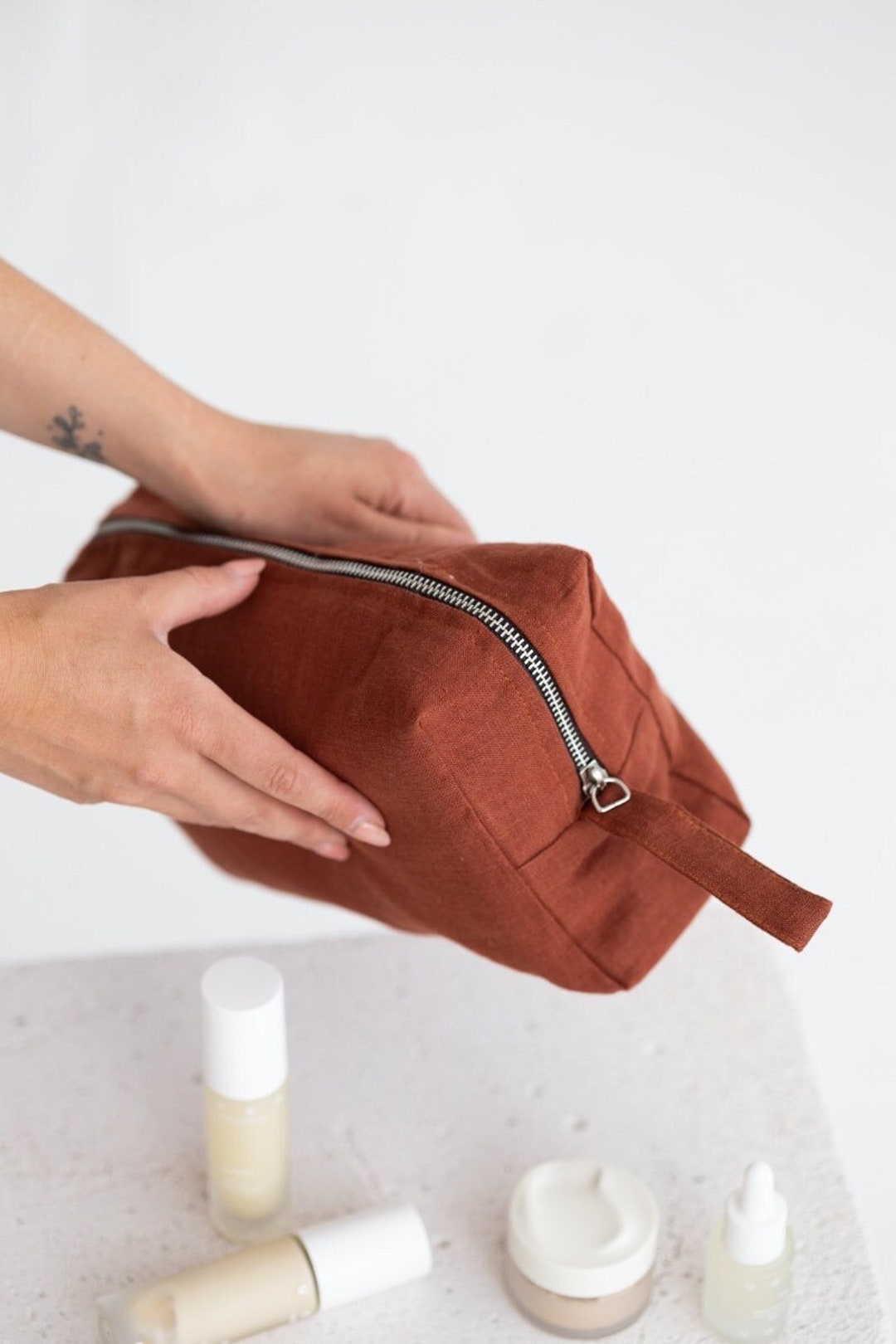 Rust Linen Pouch,linen Makeup Bag, Double-layered Linen Cosmetic Bag ...
