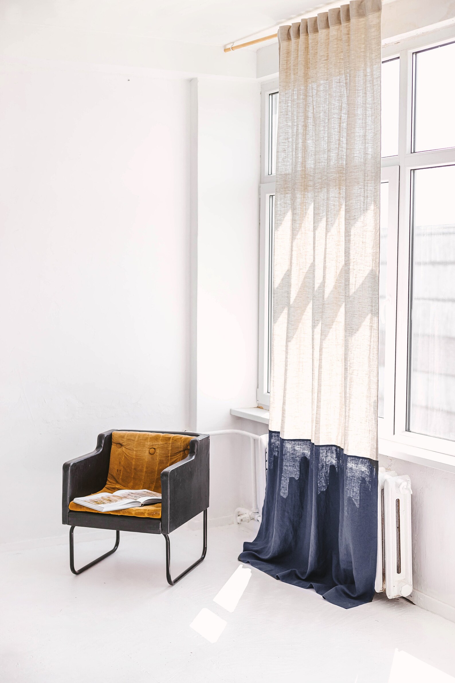 86.6"/ 220 Cm Wide Color Block Linen Curtain, Long Linen Window Panel ...