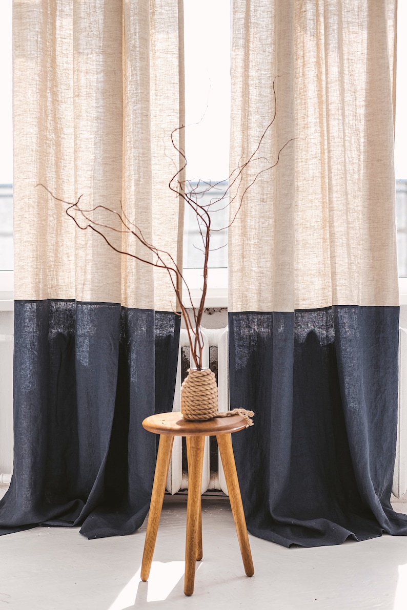 55"/140 Cm Wide Color Block Linen Curtain, Long Linen Window Panel in ...
