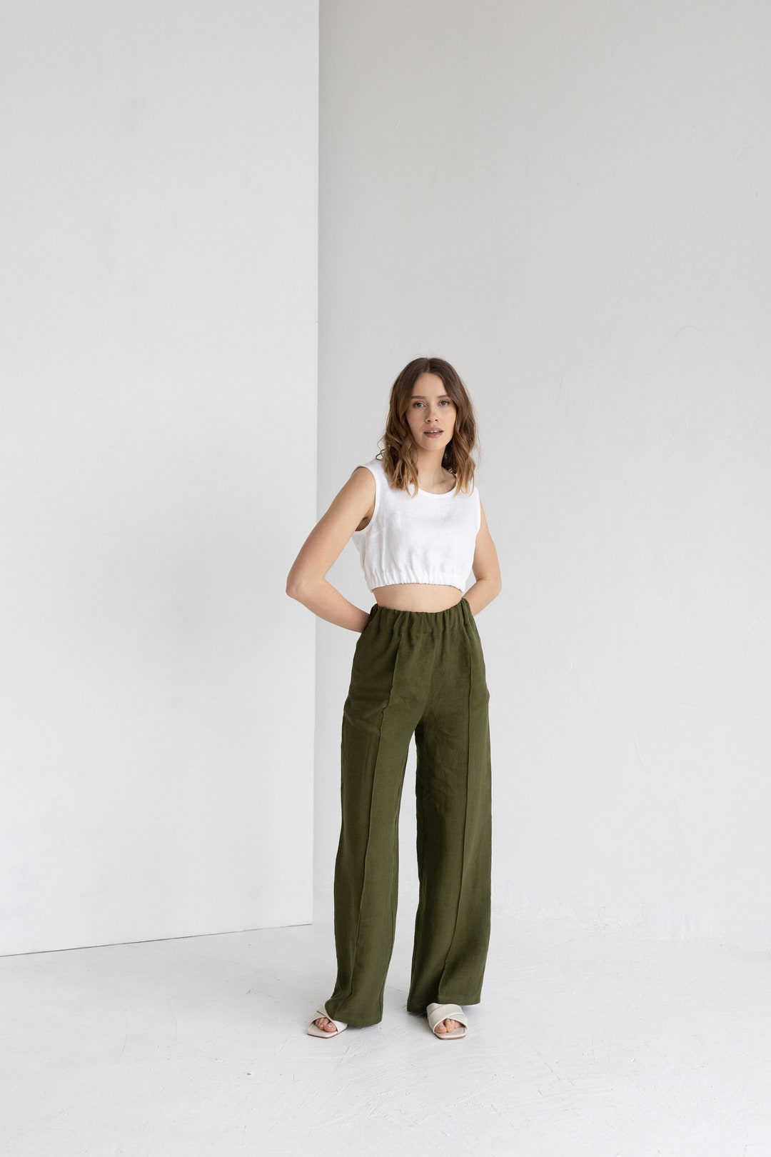 Forest Green Wide Leg Linen Woman Pants, High Waisted Creased Linen ...