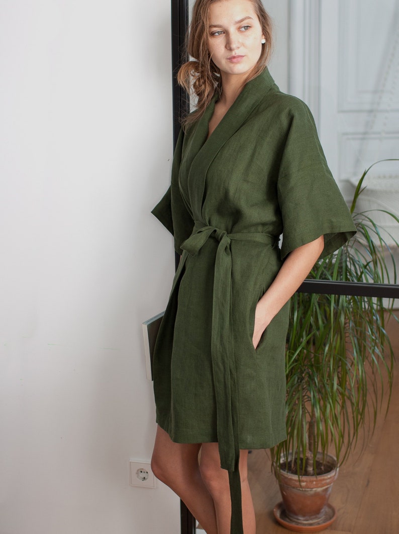 Green Linen Bathrobe Gift for Her Dark Green Linen Bath Robe - Etsy UK