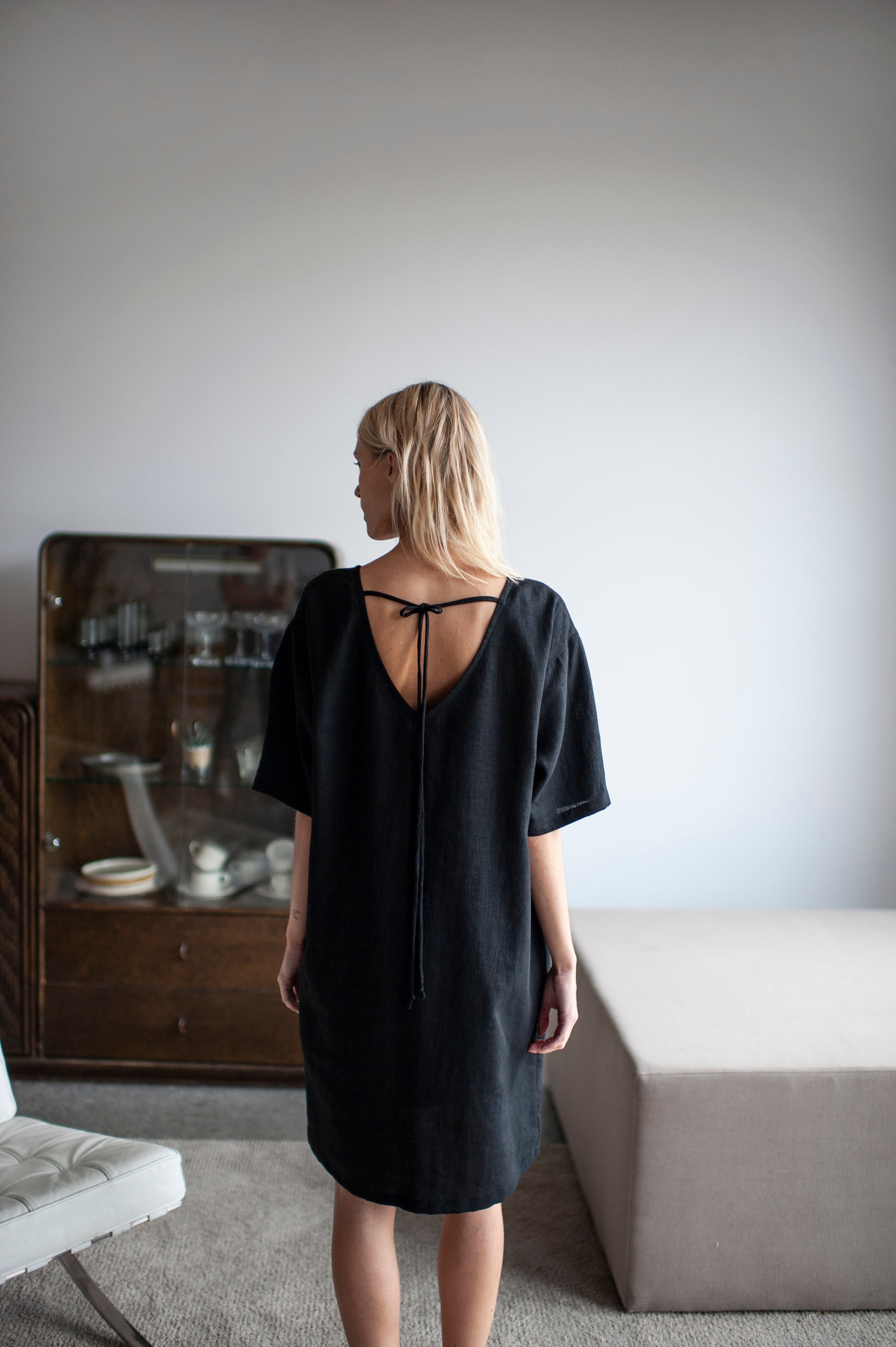 Dark Green Linen Dress With Open Back Loose Green Linen Dress - Etsy