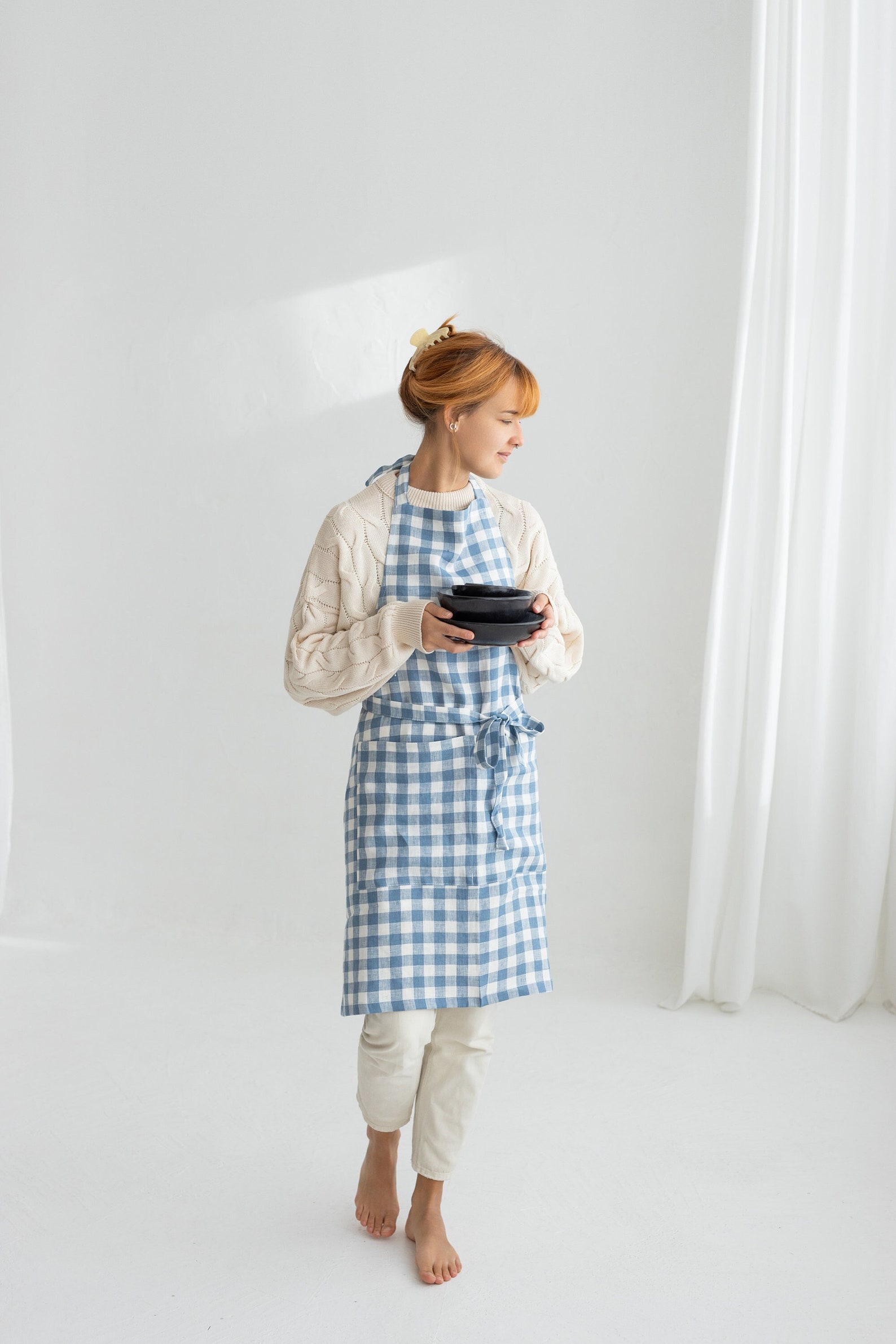 Light Blue Gingham Long Linen Apron With Pockets, Christmas Gift for ...