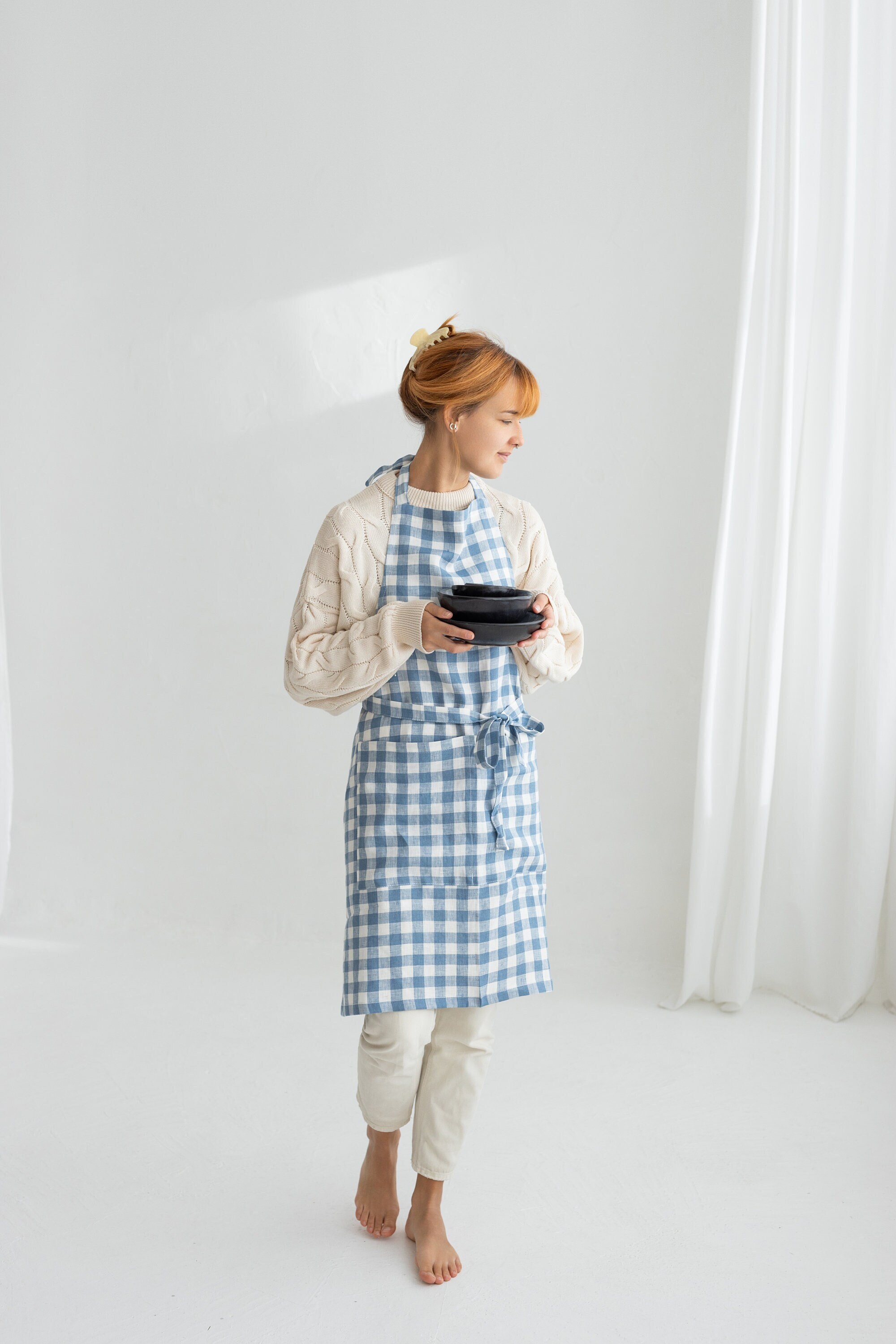 Light Blue Gingham Long Linen Apron With Pockets, Christmas Gift for ...