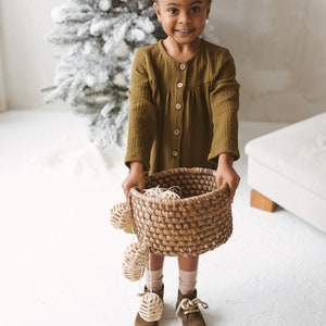 Girls Muslin Dress With Buttons, Olive Green Gauze Dress With Bishop ...