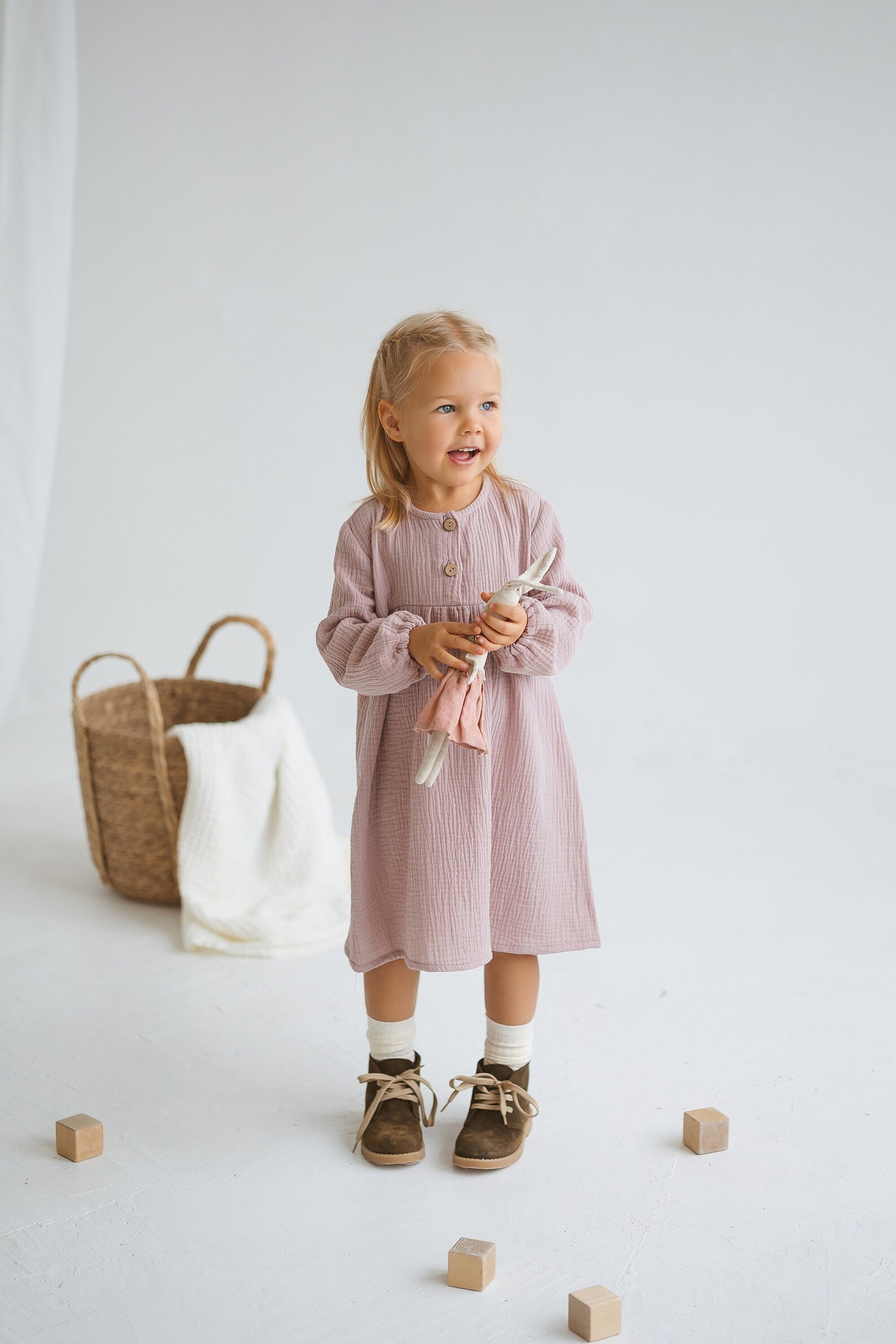 Girls Muslin Dress With Buttons, Pale Pink Gauze Dress With Bishop ...