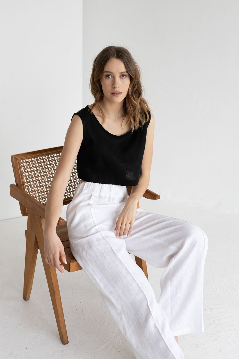 White Wide Leg Linen Woman Pants, High Waisted Creased Linen Pants ...