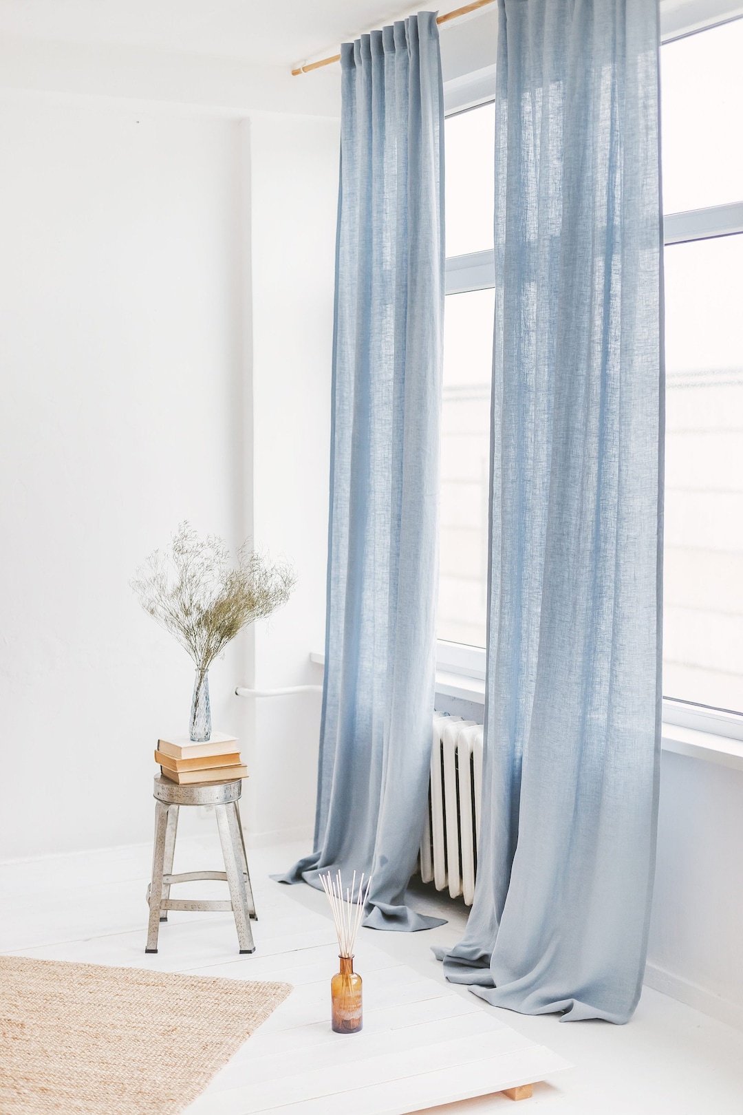 55"/140 Cm Wide Light Blue Linen Curtain, Blue Linen Window Drape ...
