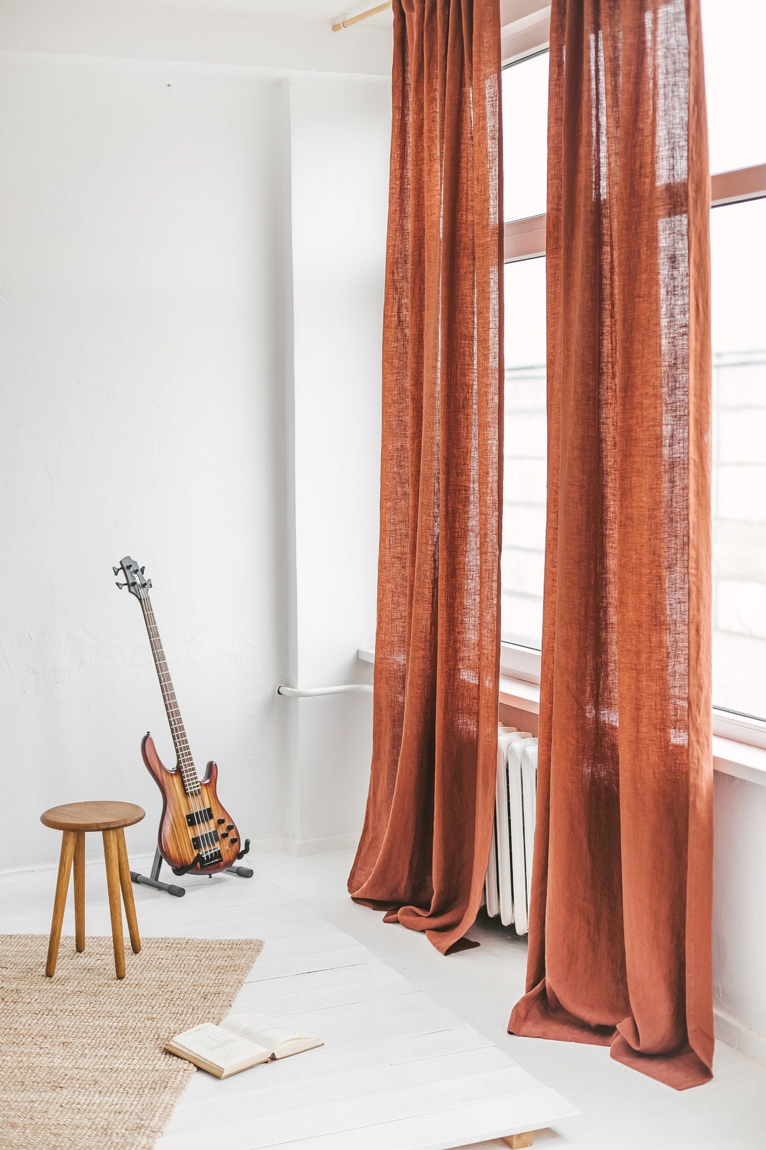 55"/140 Cm Wide Extra Long Linen Curtain, Rust Linen Window Drape ...