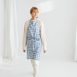Light Blue Gingham Long Linen Apron With Pockets, Christmas Gift for ...