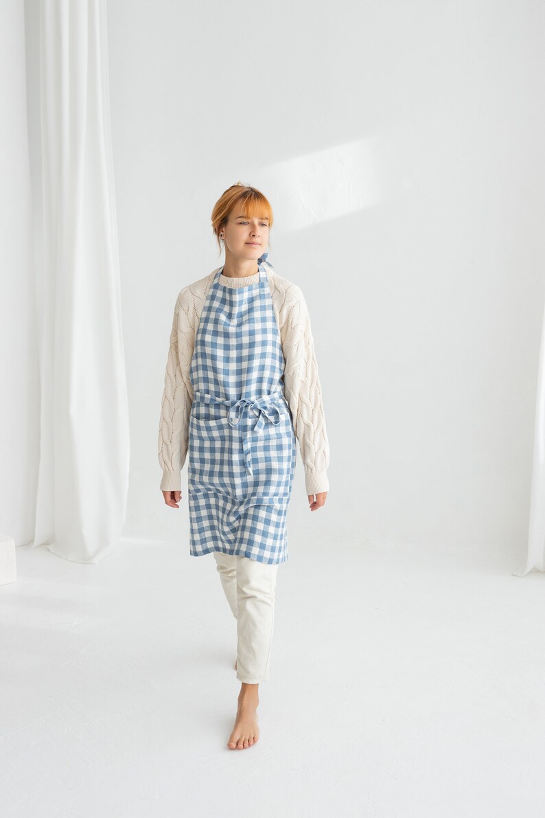 Light Blue Gingham Long Linen Apron With Pockets, Christmas Gift for ...