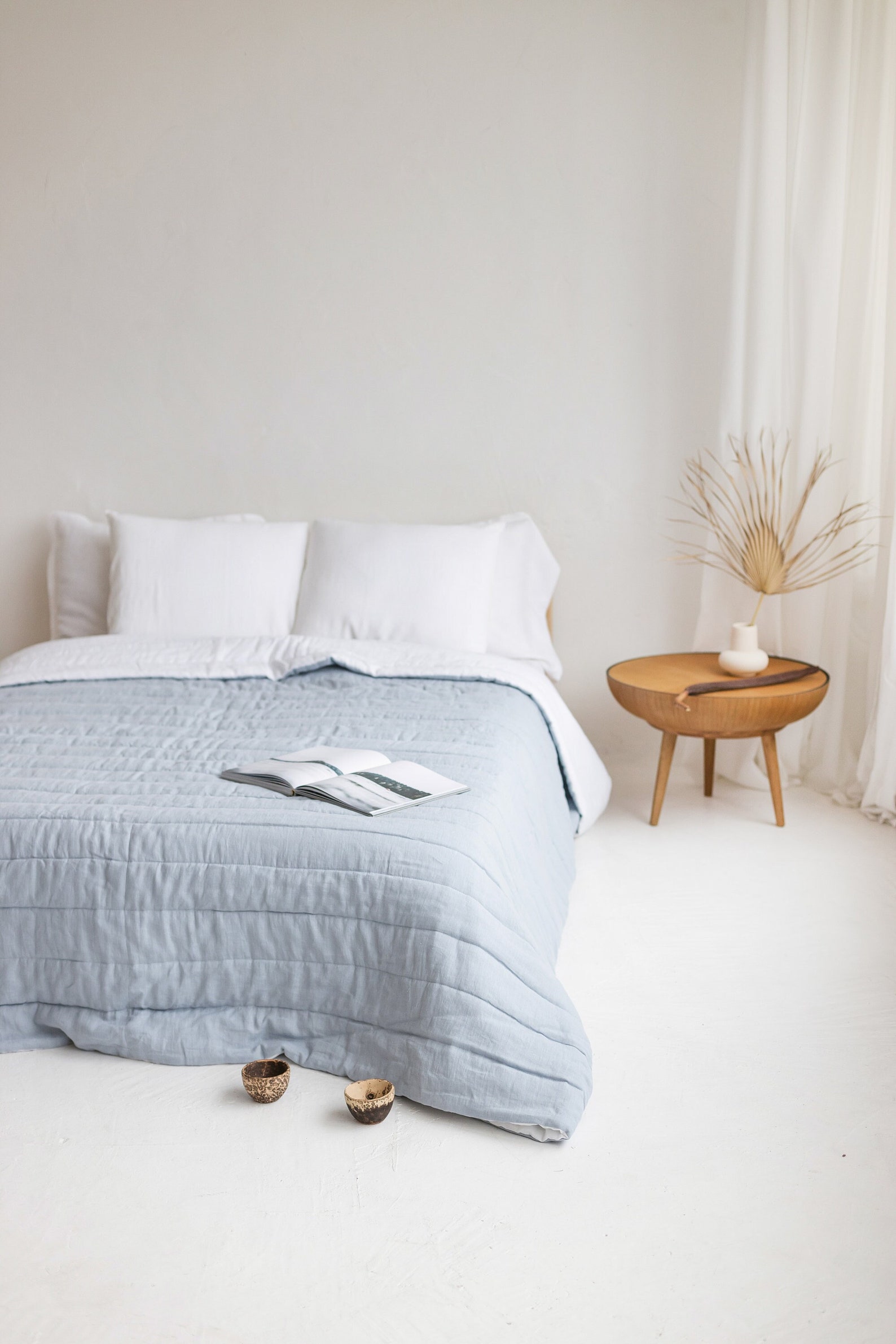 Linen Quilted Bedspread,light Blue Linen Bedspread,linen Quilt,natural ...