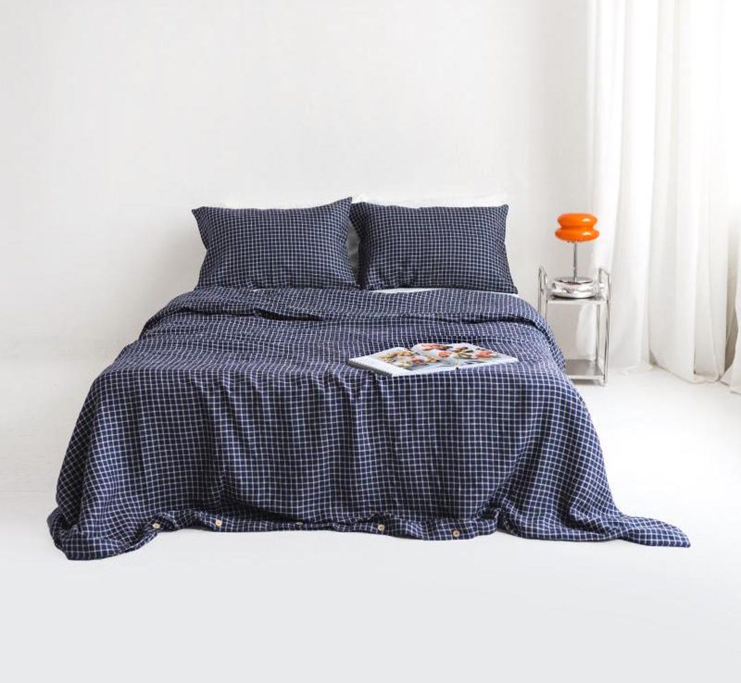Denim Blue Checks Linen Duvet Cover and Pillowcases, Linen King Bedding ...