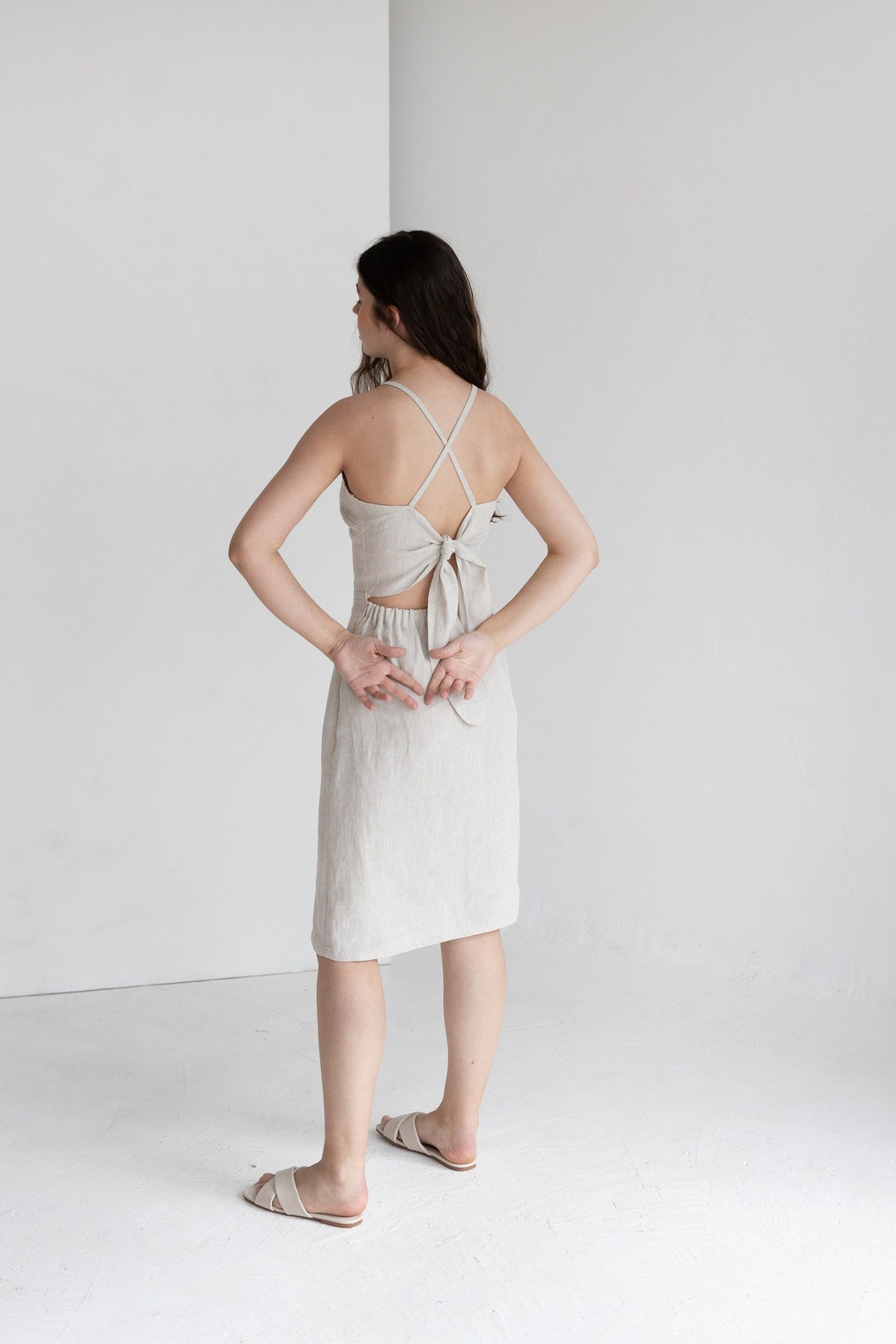 Natural Light Linen Dress, Green Linen Summer Dress With Back Tie, Open ...