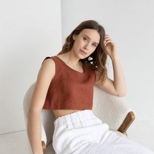 Rust Linen Crop Top, Short Linen Blouse, Short Linen Summer Top, Rust ...