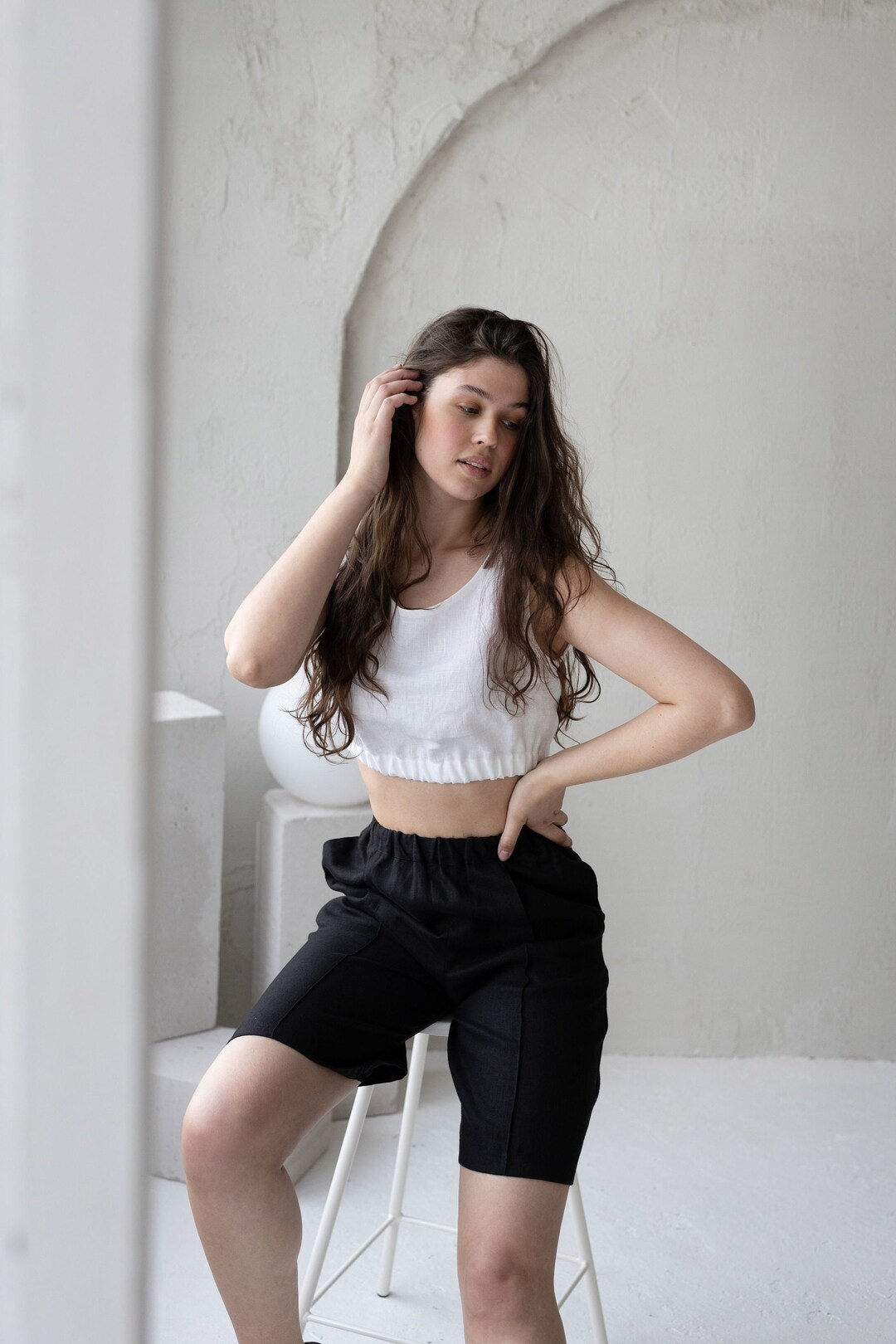 High Waisted Wide Leg Linen Shorts With Crease Line, Black Linen ...