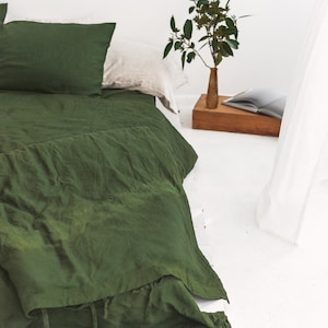 Green Linen Duvet Cover and Pillowcases, Dark Green Linen Bedding Set ...