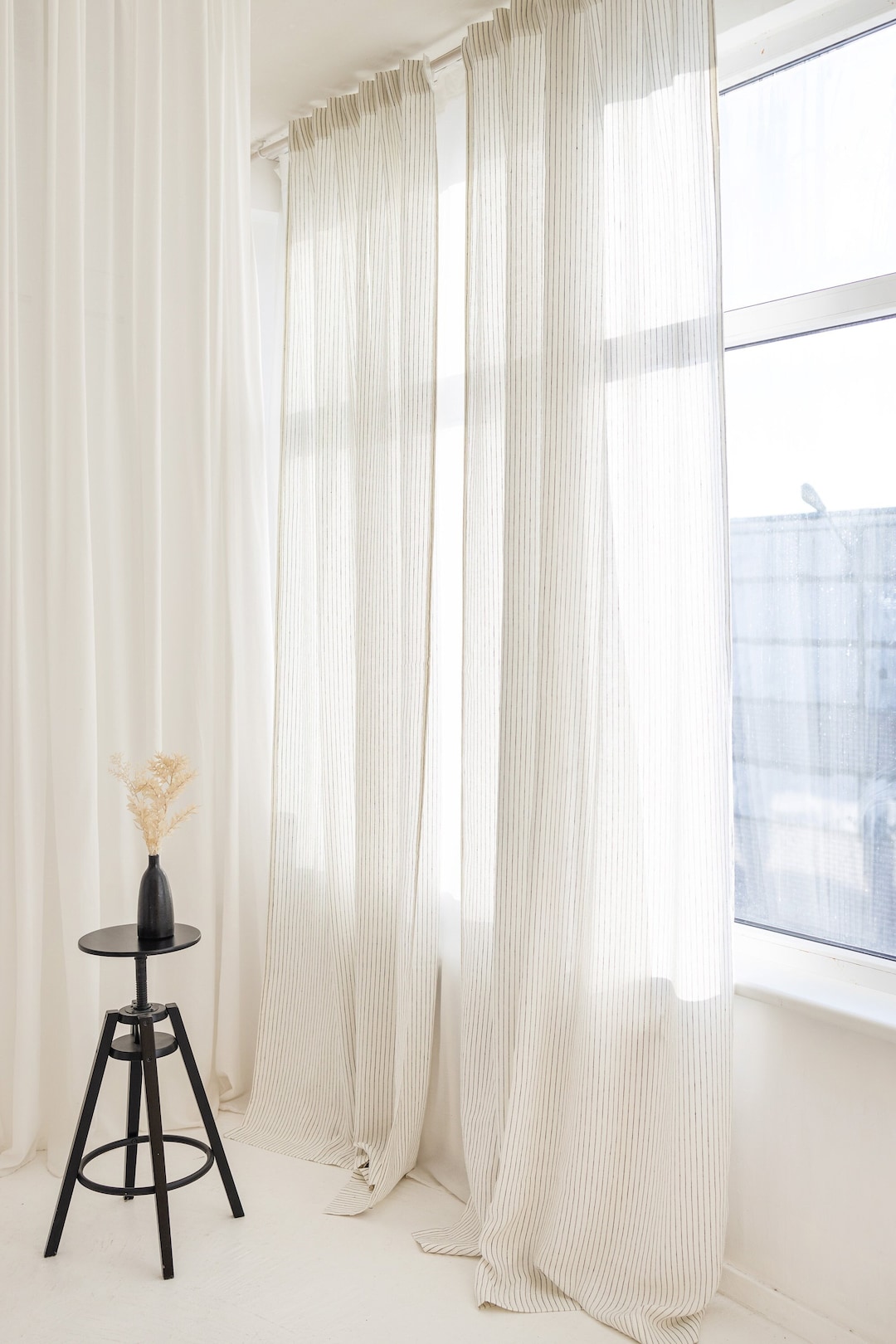 55"/140 Cm Wide Extra Long Linen Curtain, White Linen Window Drape ...