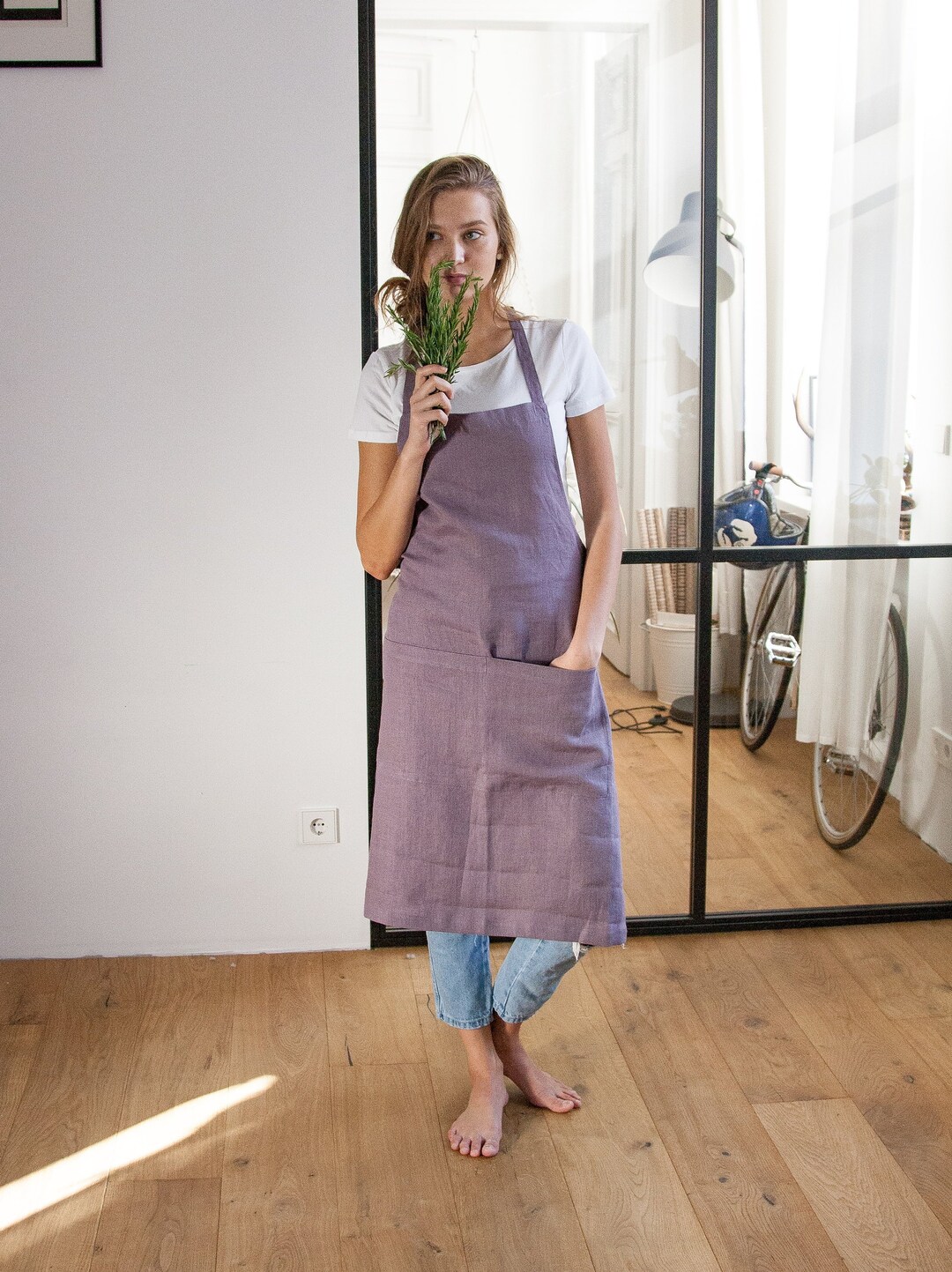 Lavender Linen Apron With Pocket, Grape Classic Linen Apron, Long Linen ...