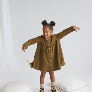Girls Muslin Dress With Buttons, Olive Green Gauze Dress With Bishop ...
