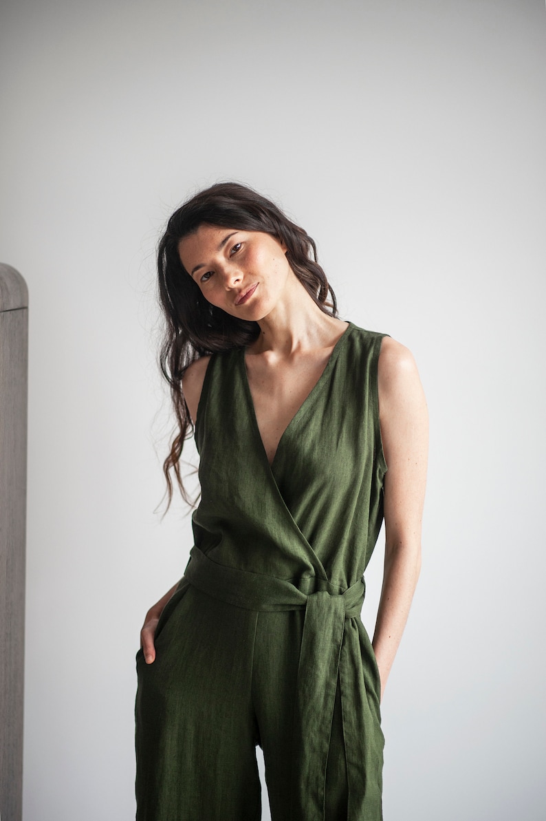 Green Wrap Linen Jumpsuit With Belt Sleeveless Linen Overall - Etsy