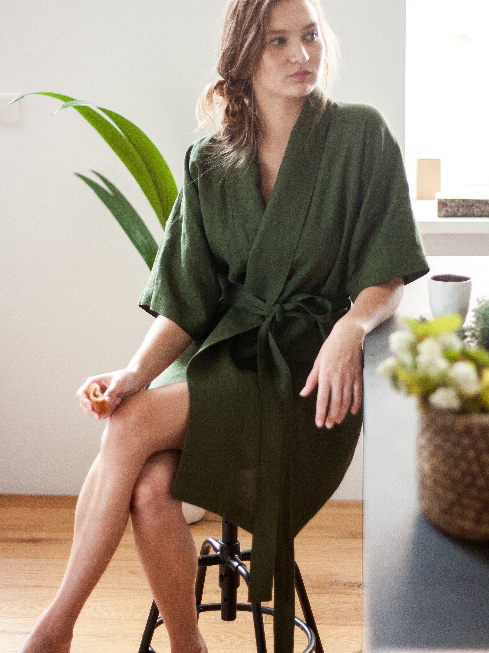 Green Linen Bathrobe Gift for Her Dark Green Linen Bath Robe - Etsy UK