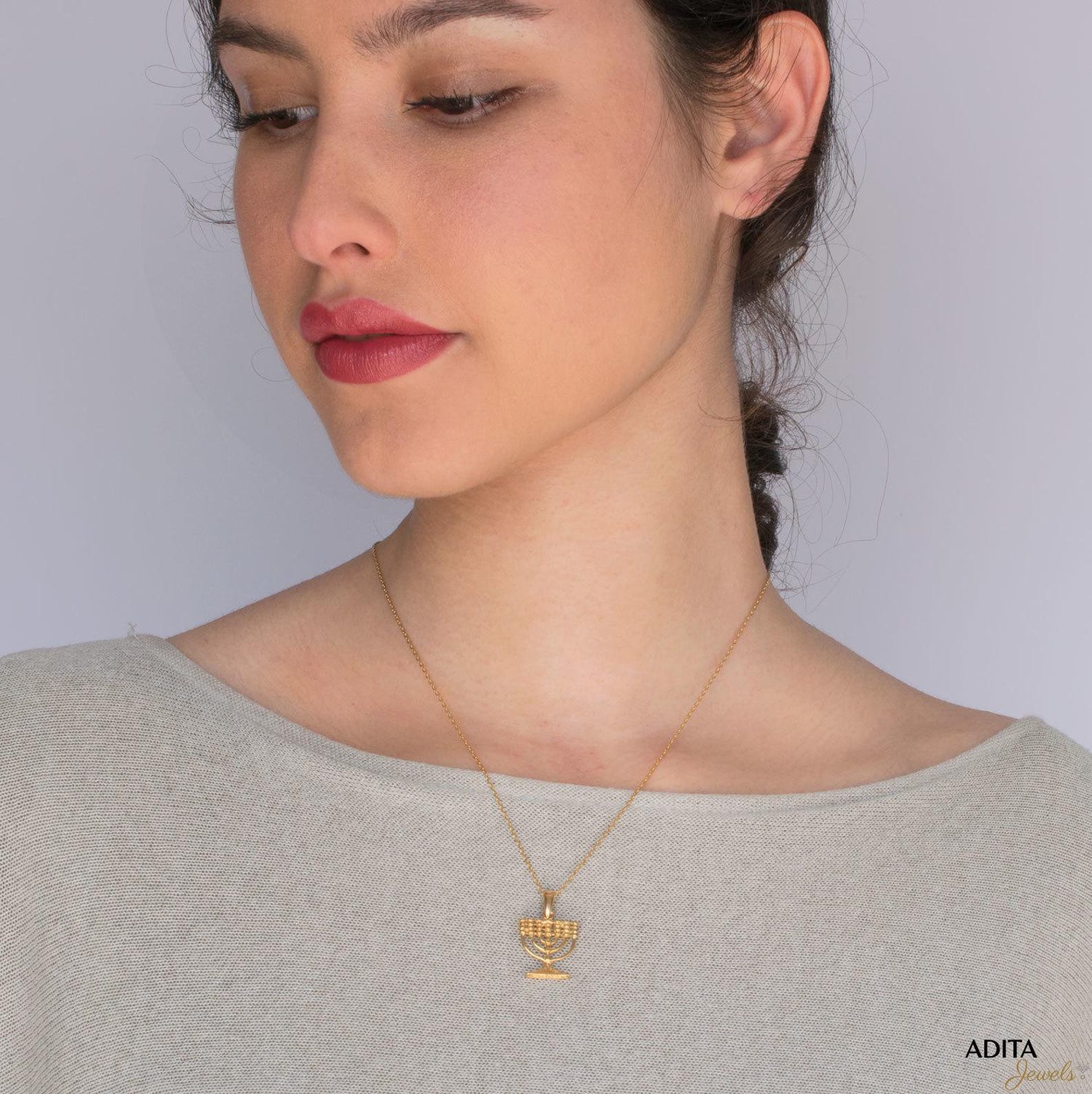 14K Gold Plated Sterling Silver Menorah Necklace, Handmade Jewish ...