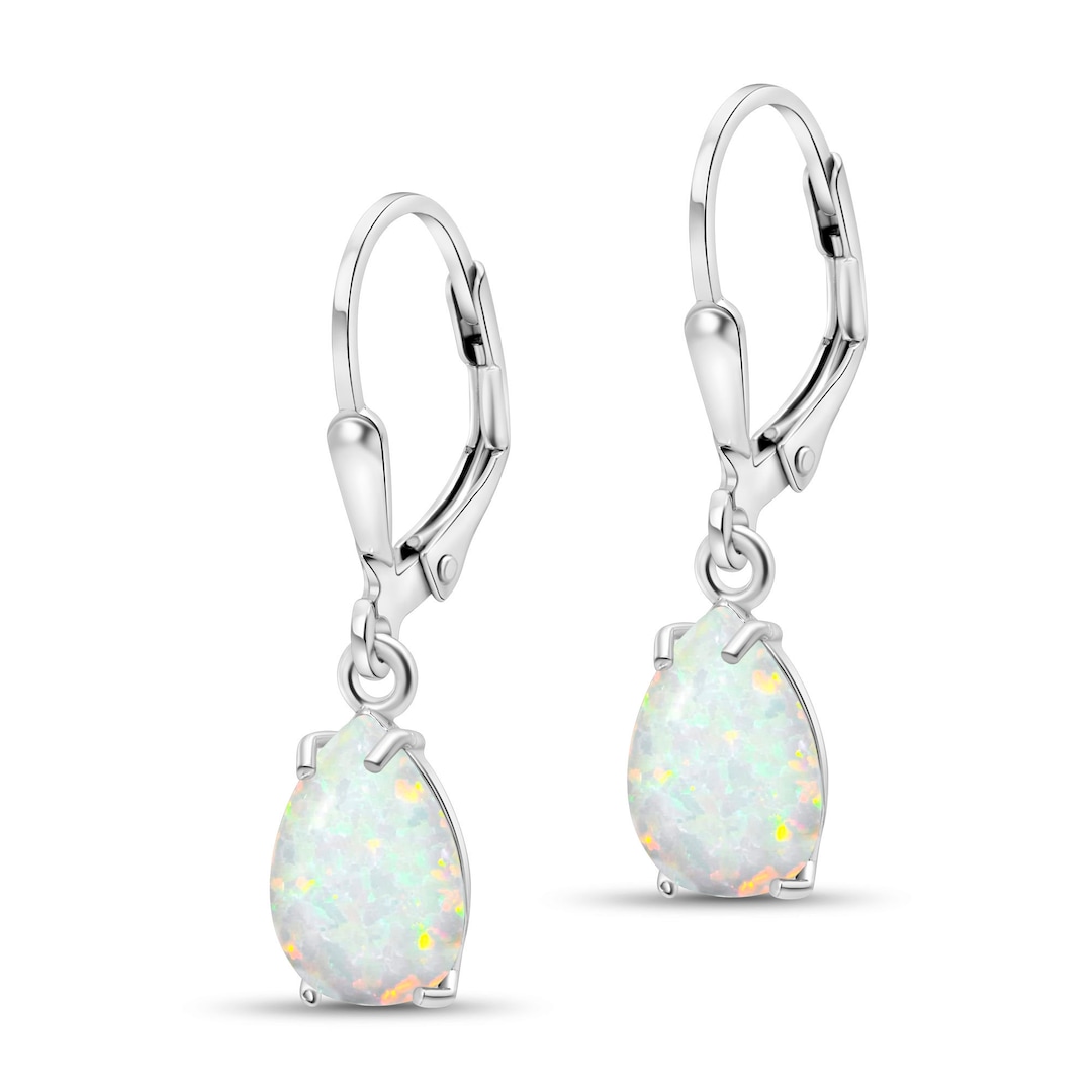 Opal Leverback Earrings, White Drop Earrings, 925 Sterling Silver ...