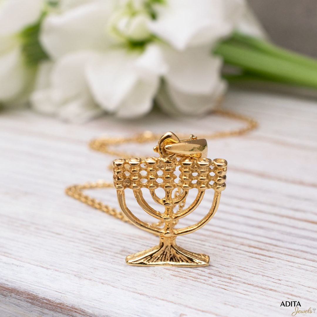 Gold Plated Judaica Menorah Necklace, 925 Sterling Silver, Chanuka ...