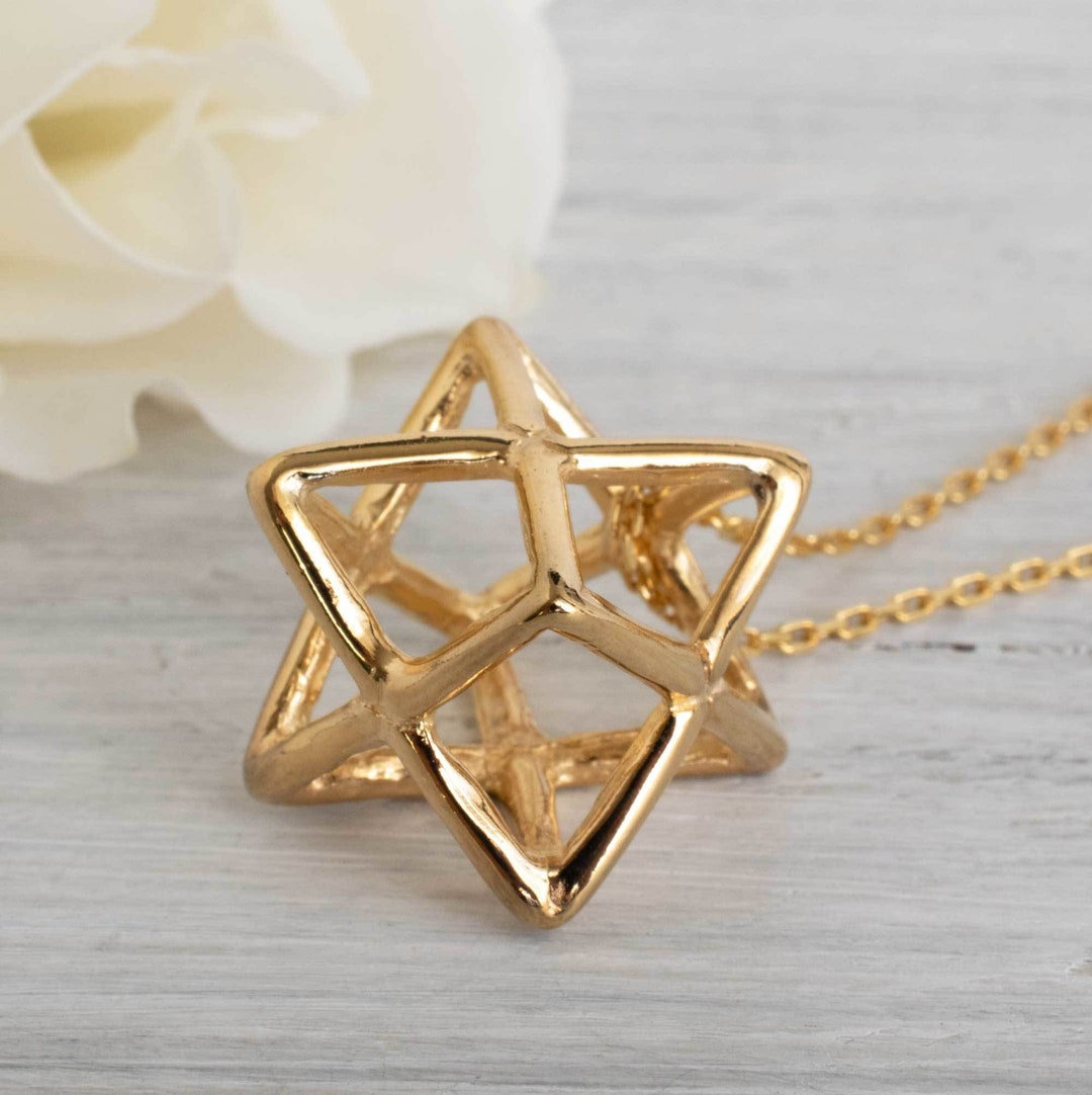 Merkaba Pendant Necklace, 3D Star of David, 14K Gold Plated, 925 ...