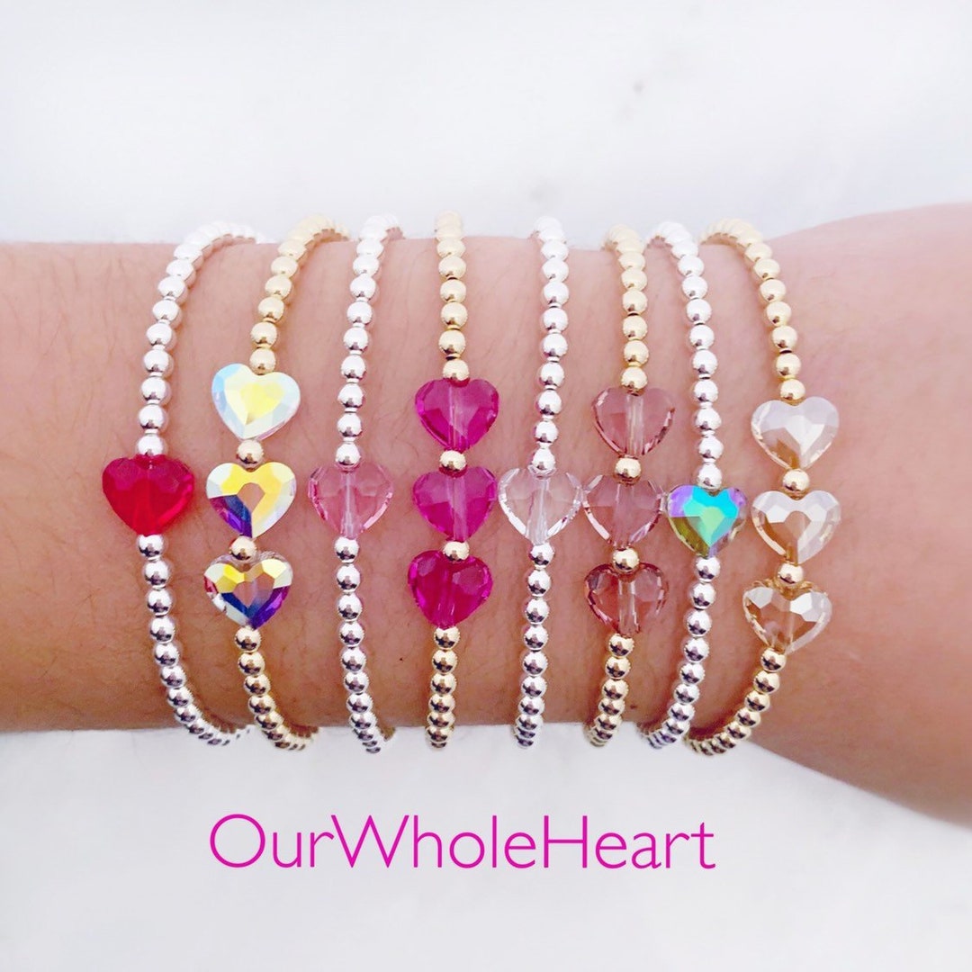 Swarovski Heart Beaded Bracelet Single or Triple Sterling Silver Gold ...
