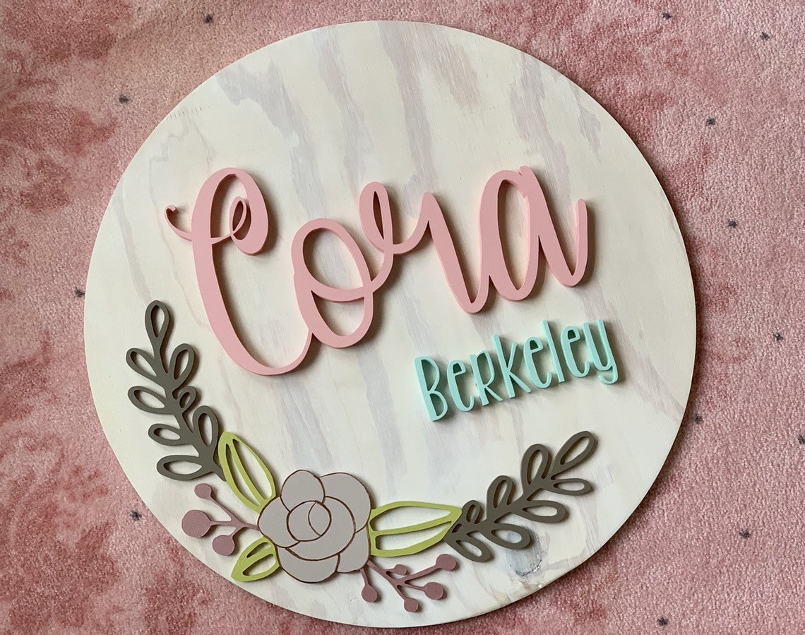 Floral Round Name Sign Round Name Sign Nursery Name Sign - Etsy