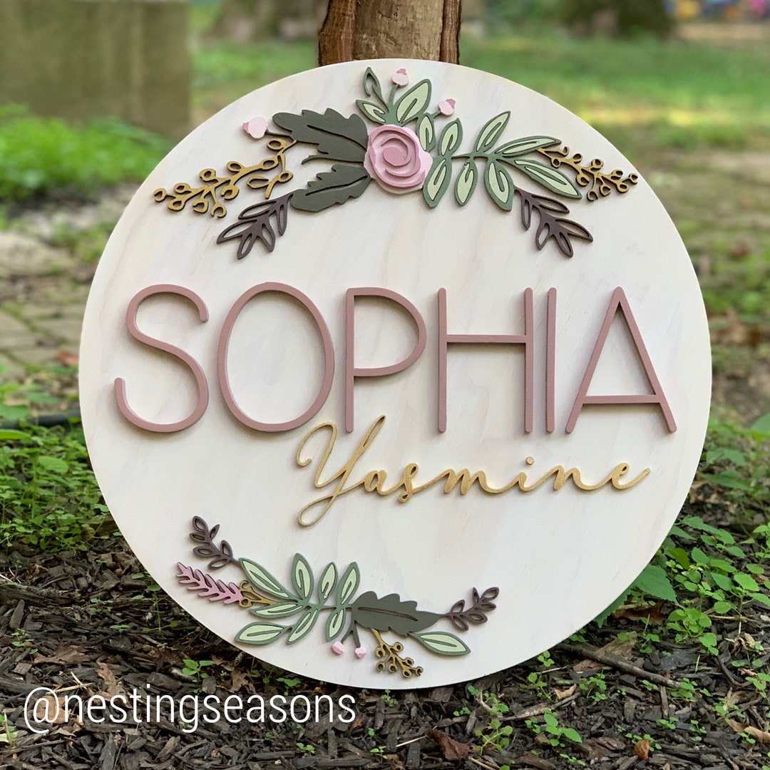 Floral Round Name Sign Round Name Sign Nursery Name Sign Custom Round ...
