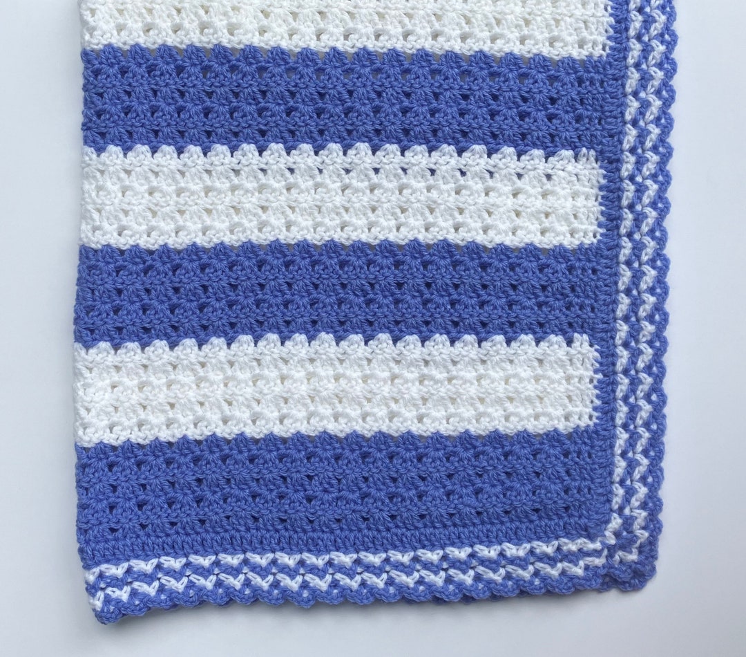 Medium Blue Striped Crocheted Blanket, Medium Blue Striped Crochet ...