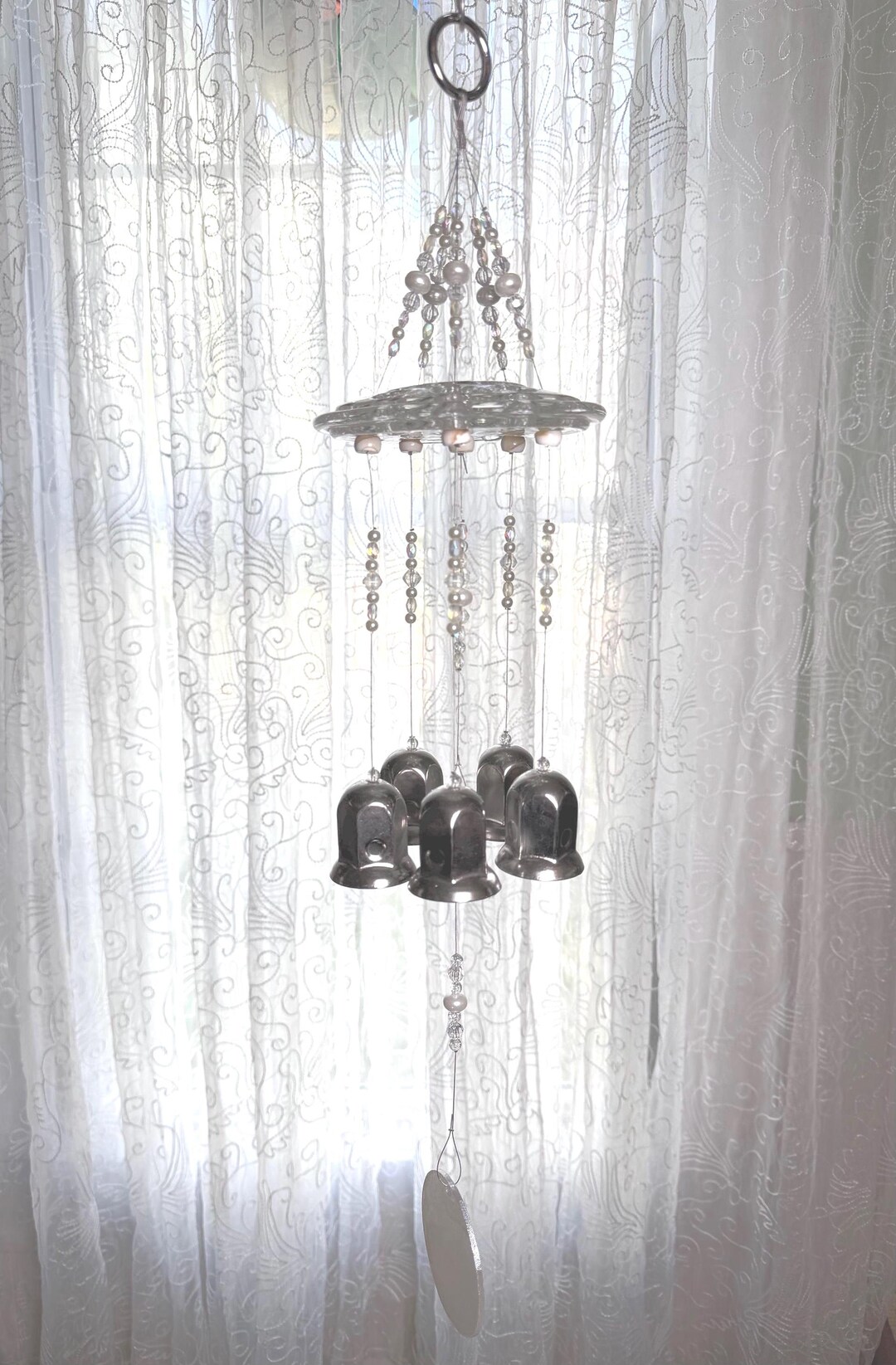 Repurposed Glass Flower Frog Wind Chime, Upcycled Lug Nut Bells, Garden ...