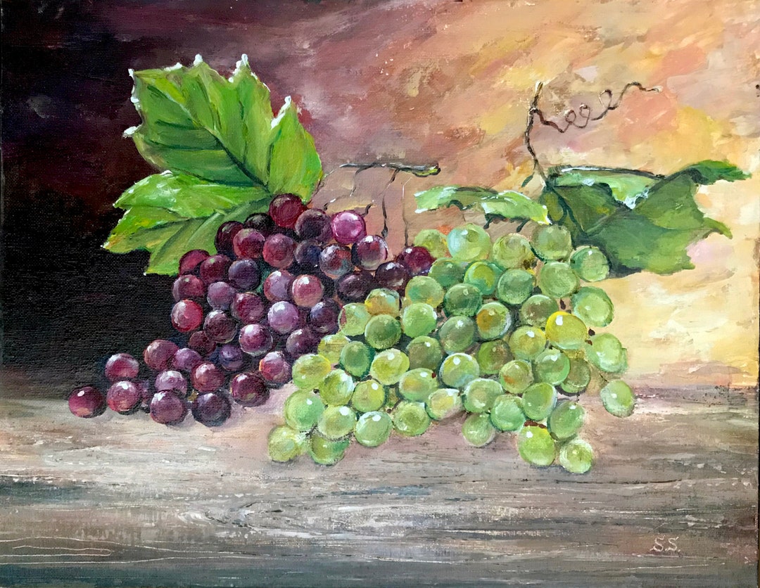 Grapes Oil Painting on Canvas, Wine, Realistic Still Life, Purple Green ...