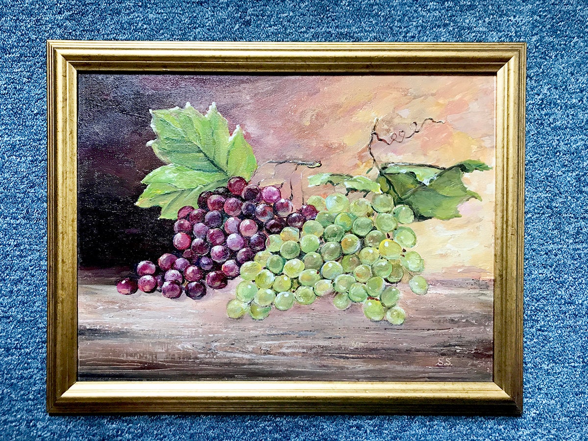 Grapes Oil Painting on Canvas, Wine, Realistic Still Life, Purple Green ...