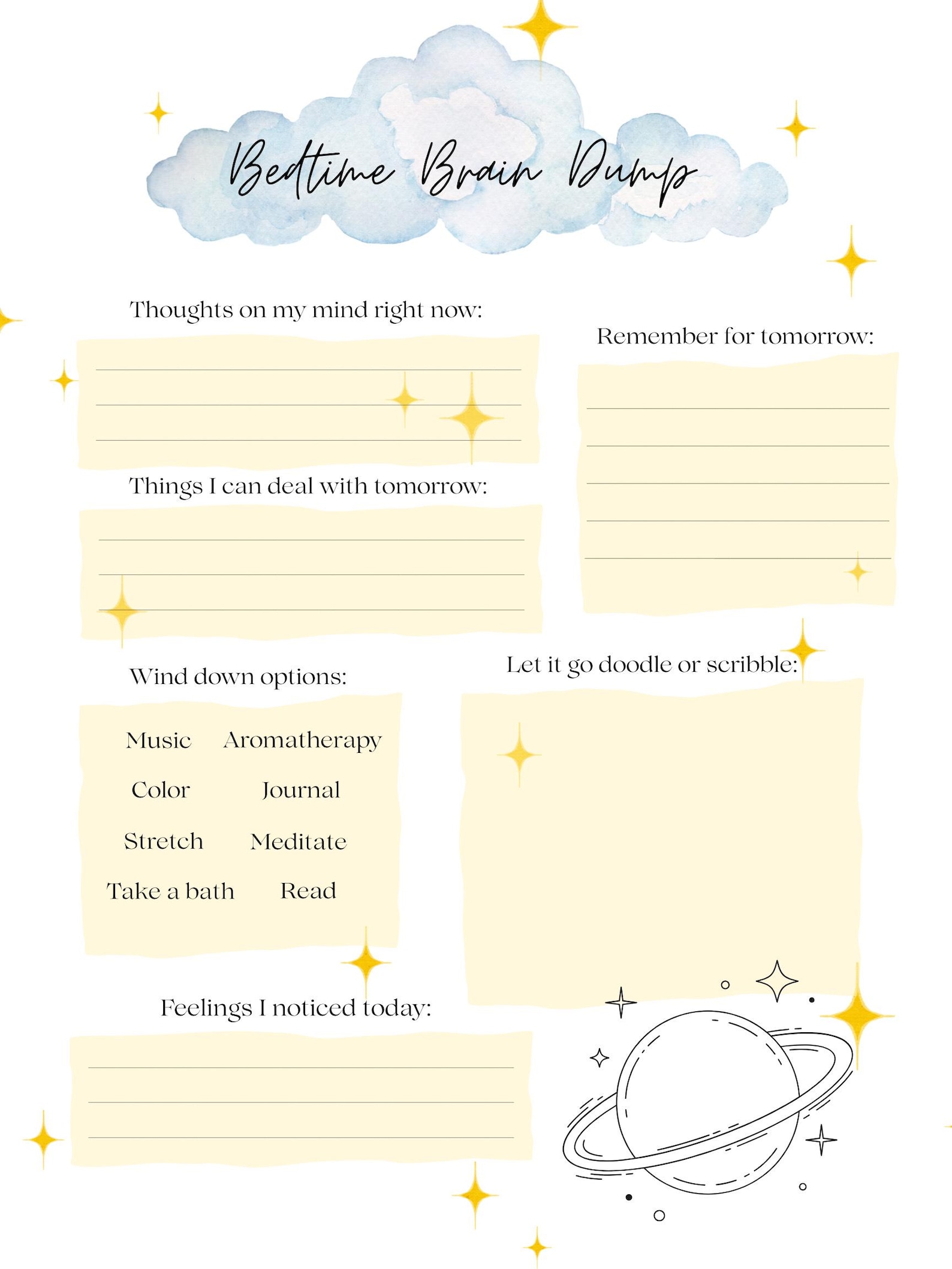 Bedtime Brain Dump Worksheet | Nightly Reflection Journal Page - Etsy