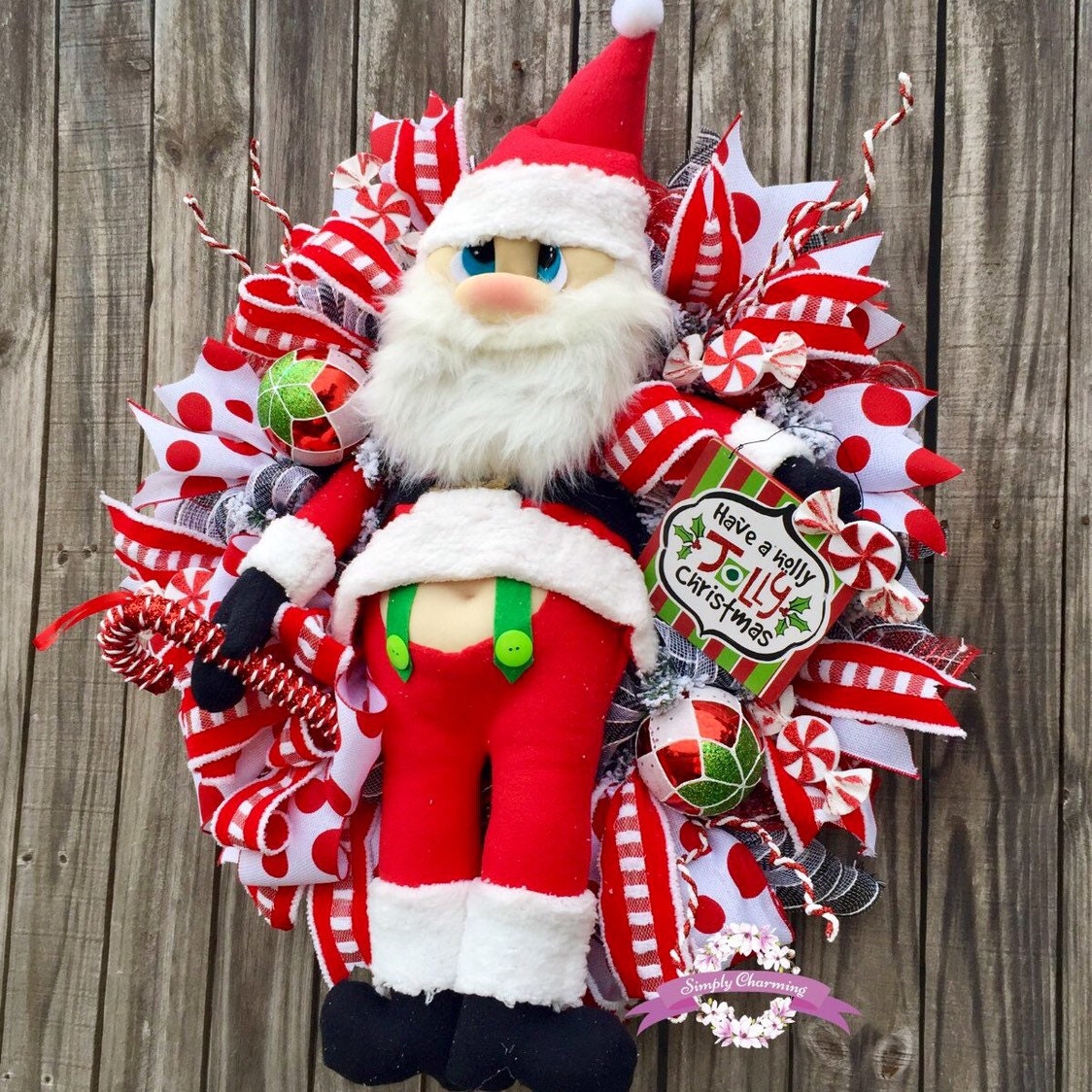 Santa Christmas Wreath, Santa Wreath, Santa Hat Wreath, Red and White ...