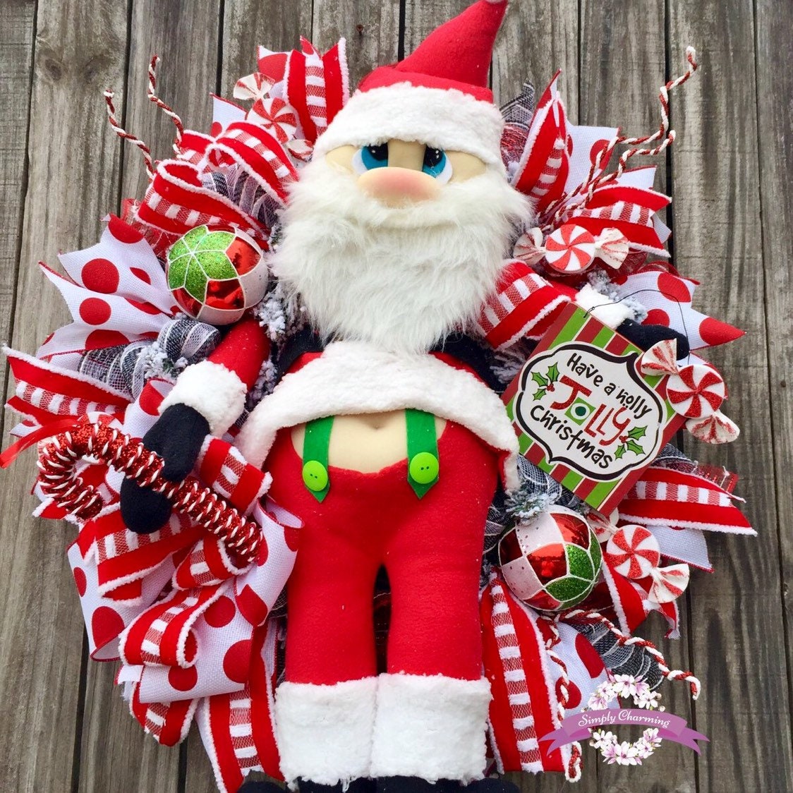 Santa Christmas Wreath, Santa Wreath, Santa Hat Wreath, Red and White ...