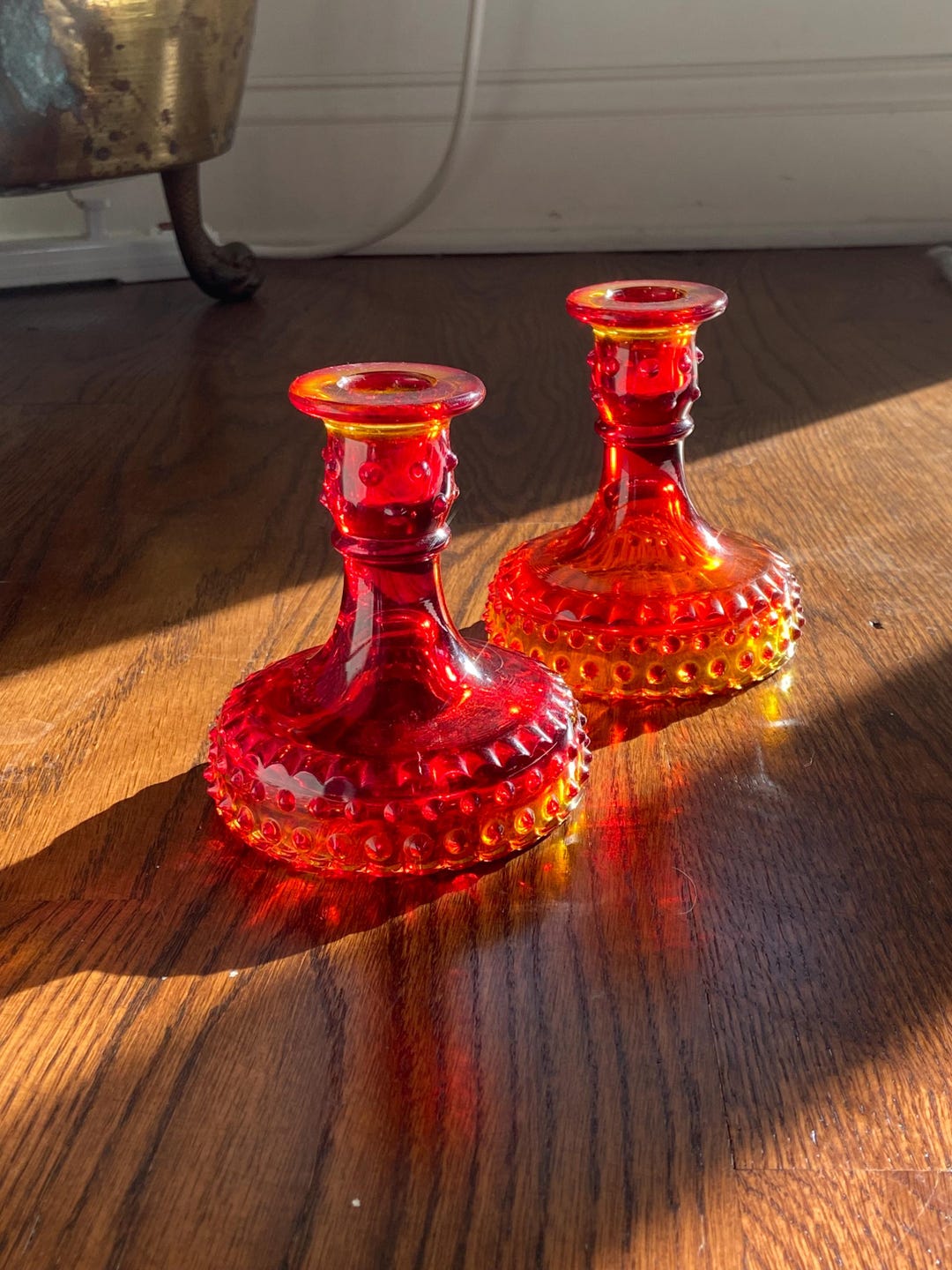 A Rare PAIR of Vintage Red & Orange Ombre Glass Amberina Hobnail Fluted ...