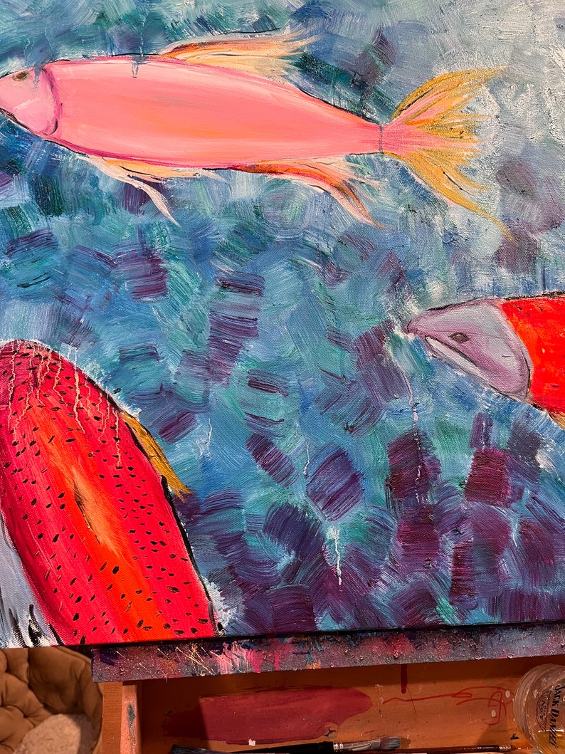 Salmon Fish Original Art Original Oil Painting on Canvas Full and ...