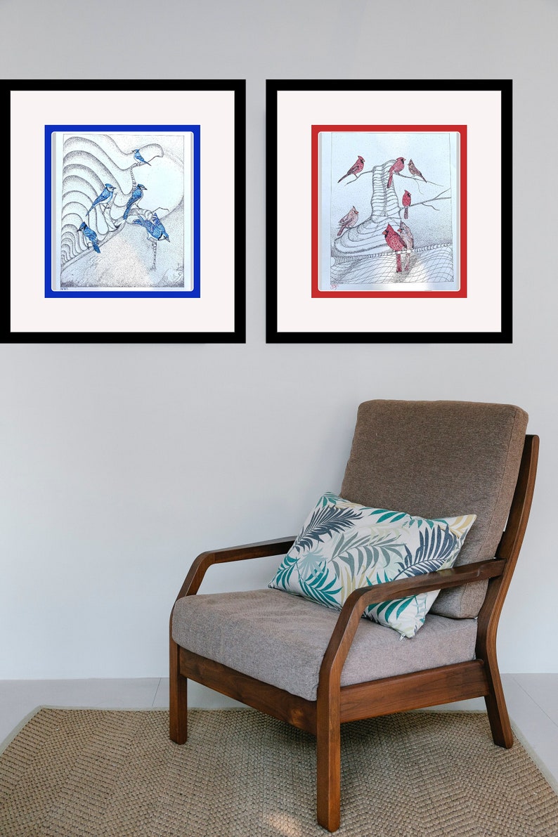 Cardinal Bluejay Original Art Home Decor Bird Set Unframed 14x17 Pen ...