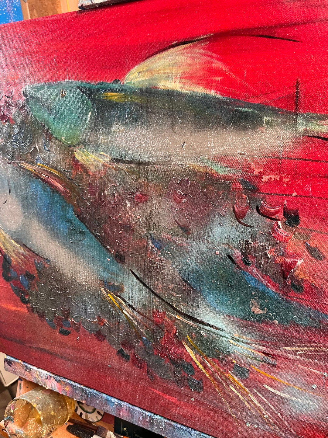 Abstract Fish Oil Painting: Red Fine Art on Canvas - Etsy