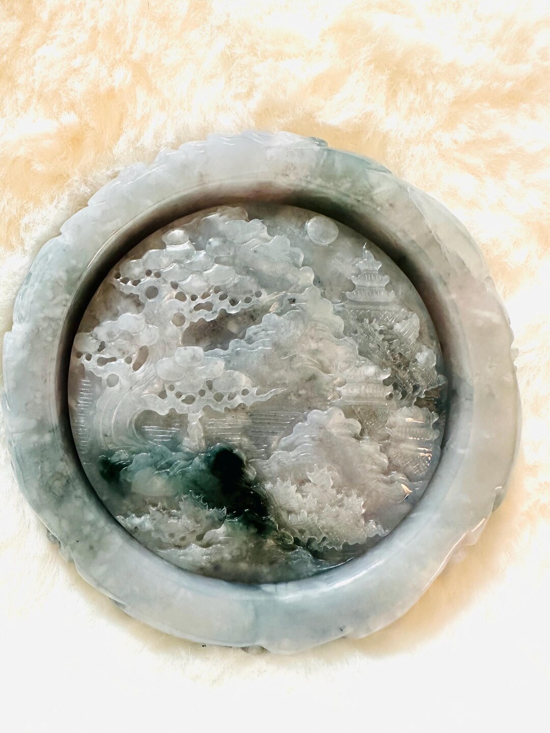 59.7mm Lavender & Green Jadeite Jade Pendant, Landscape Carved Design ...