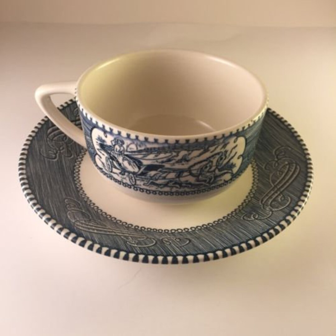 Royal Currier and Ives Blue Cup and Saucer Steamboat Horse & Carriage ...
